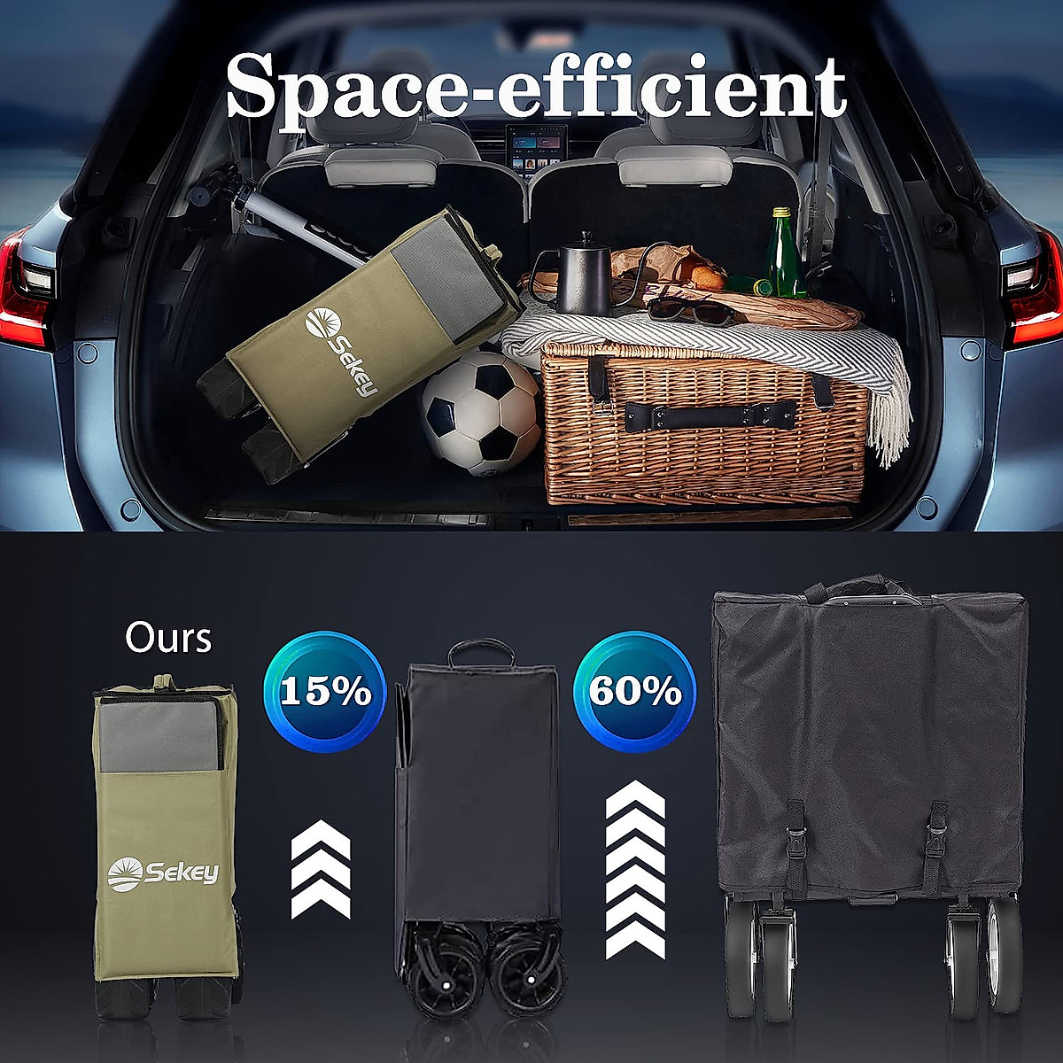 Sekey 220L Collapsible Foldable Wagon with 330lbs Weight Capacity, Heavy Duty Folding Utility Garden Cart with Big All-Terrain Beach Wheels & Drink Holders. Khaki