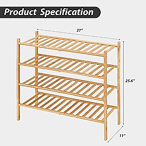 Candockway Bamboo Shoe Rack, 4-Tier Free Standing Shoe Racks, Stackable & Durable Shoe Rack Organizer, Shoe Shelf Holder Shoe Storage for Entryway Hallway Closet, Multifunctional