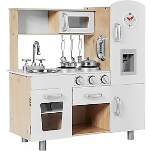 FUTADA Kids Kitchen Playset, Wooden Play Kitchen with Telephone, Stove, Fridge, Microwave, Stove, Sink, Water Dispenser with Light Sound, Cabinet, Cooking Pretend Toy Gift for Boys and Girls Ages 3+