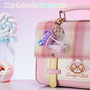 YOU WIZV Liquid Keychain, Kawaii Cute Boba Tea Water Key Chain for Backpacks, Aesthetic Donut Keychain for Girls, Kids,Women, Daughters, Boys（Purple Keychain）