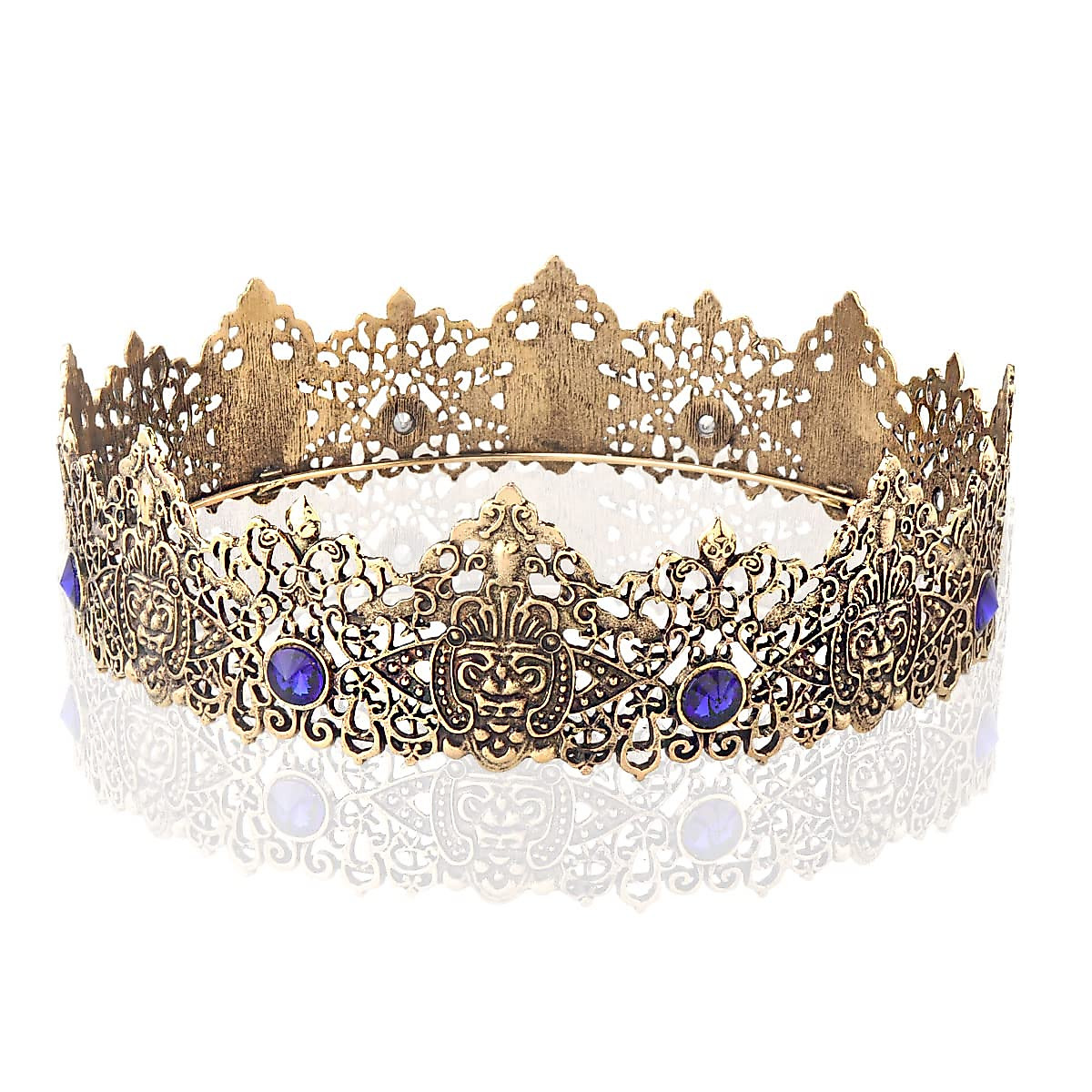 King Men Tiara Crown Imperial Medieval Headband Crystal Pageant Costumes For Birthday Party Prom Halloween Hair Accessories (Dark Gold With Blue Stone)