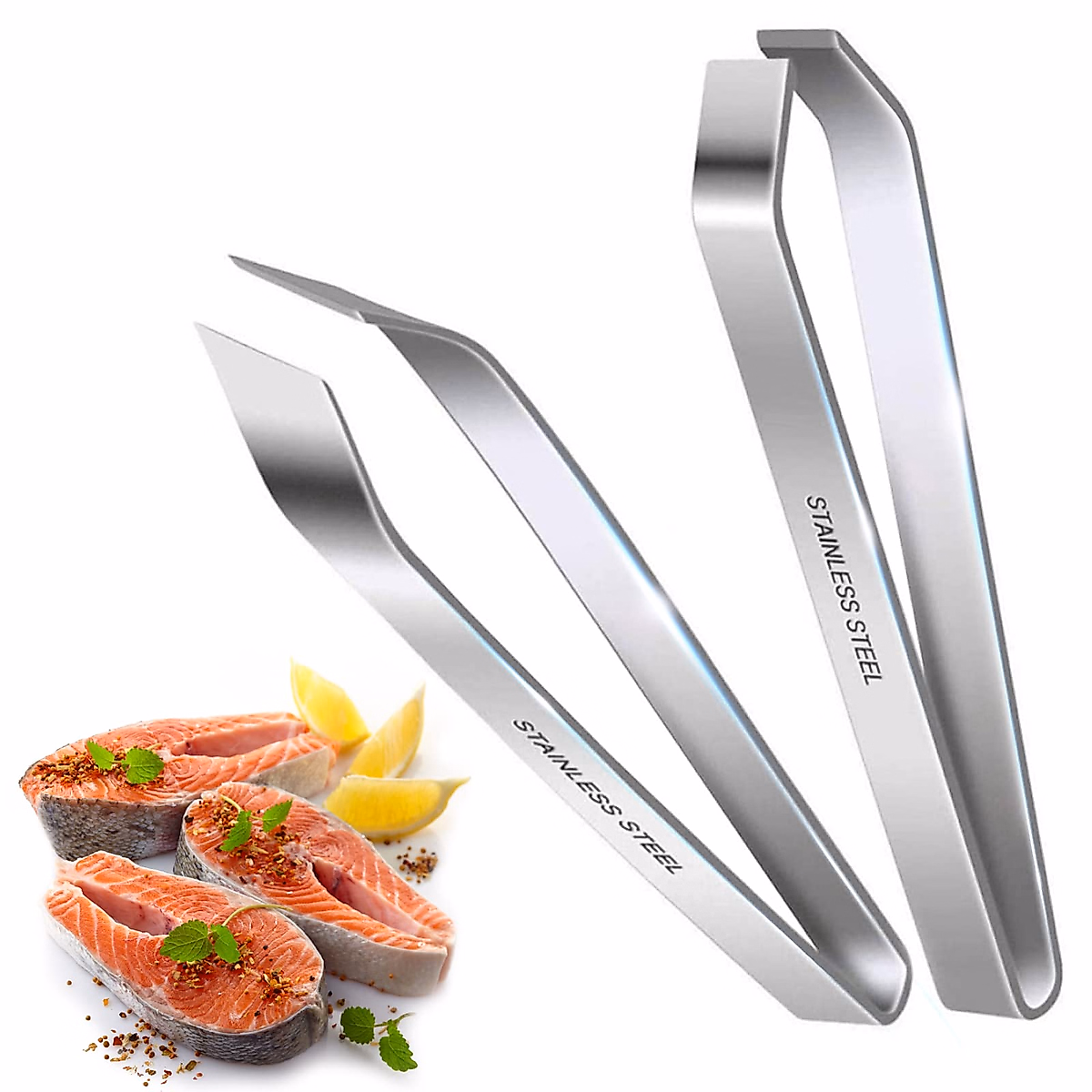 Fish Bone Tweezers - 2PCS Kitchen Tweezers Stainless Steel Flat and Slant Cooking Tweezers Precision Chef Tweezers Meat Hair Remover Tool for Cooking Kitchen, Suitable for Salmon Deboning