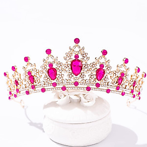 FORSEVEN Crystal Tiaras for Women, Wedding Tiaras and Crowns for Women Tiaras for Girls Birthday Party Princess Crown Hair Accessories Bride Rhinestone Headbands (Gold+Rose Red)