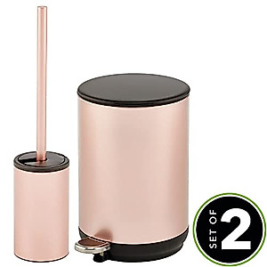 mDesign Slim Stainless Steel Toilet Bowl Brush and Holder + Round Gallon Step Garbage Can Wastebasket Bin for Bathroom Cleaning/Storage - Holder for Garbage and Waste - Set of 2 - Rose Gold/Black