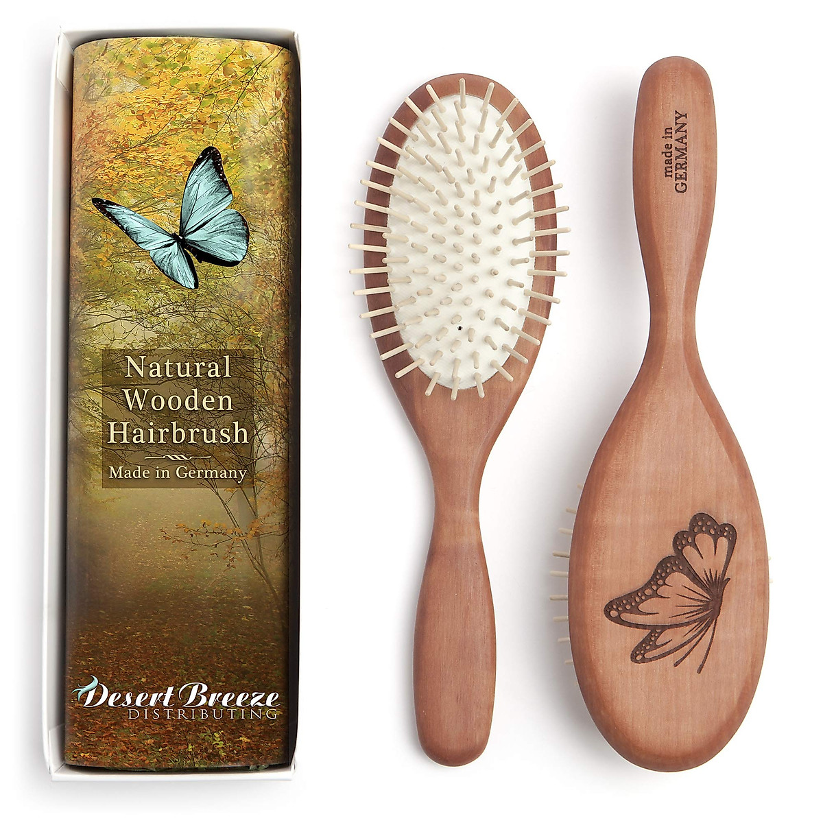 Desert Breeze Natural Wood Bristle Hair Brush, Gentle Scalp Massage, Pear Wood Handle, Made in Germany, For All Hair Types, Rounded Wooden Pins, Anti-Static