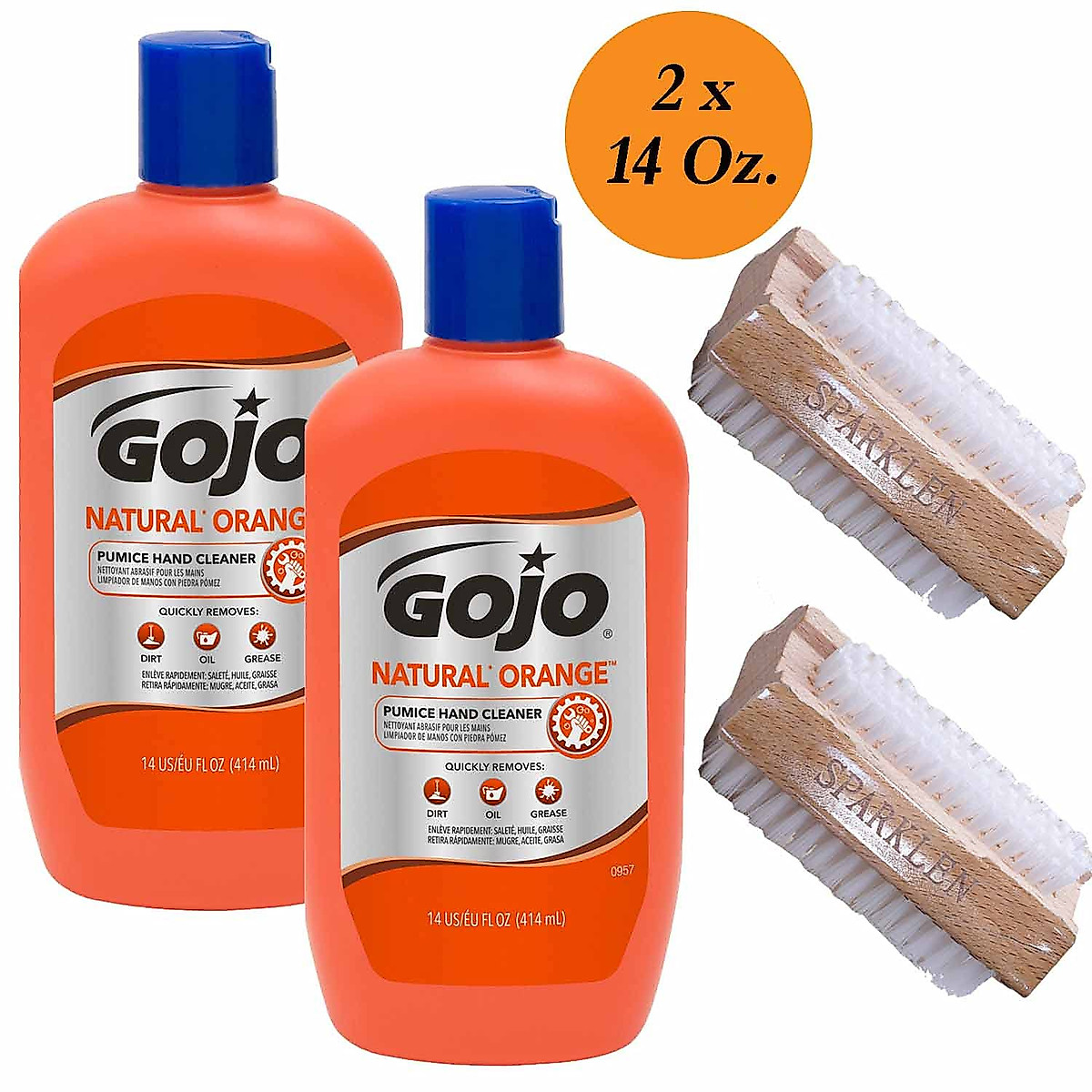 Gojo Soap Natural Orange Pumice Hand Cleaner Heavy Duty Cleaner Citrus Scented Scrub, 2 Bottles 14 OZ each [Total of 28 Oz.] with 2 compatible Sparklen Wooden Nail Brushes