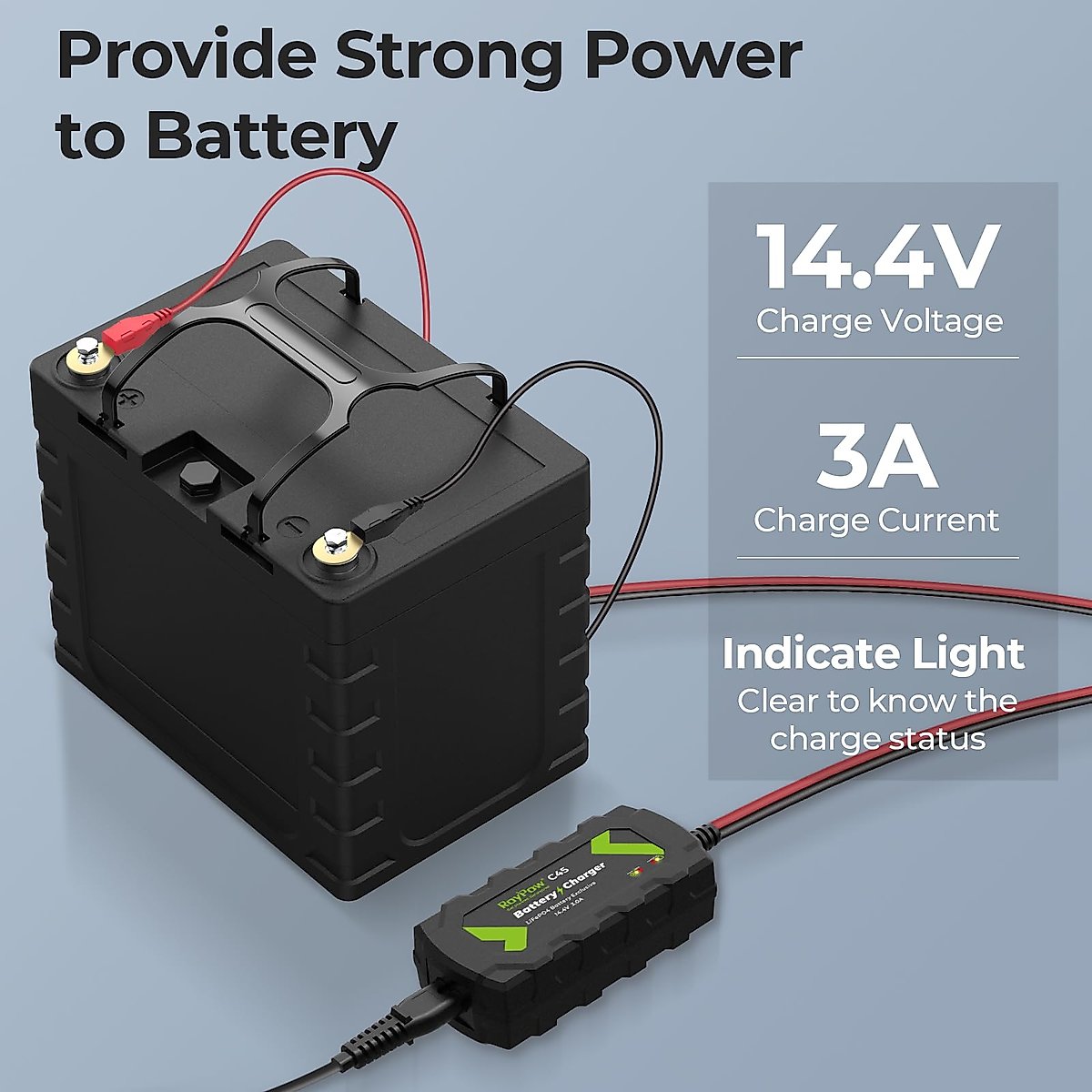 RoyPow 12V Battery Charger 3-Amp Automatic Smart Battery Maintainer, Trickle Charger, and Battery Desulfator with Alligator Clamp and Ring Terminal