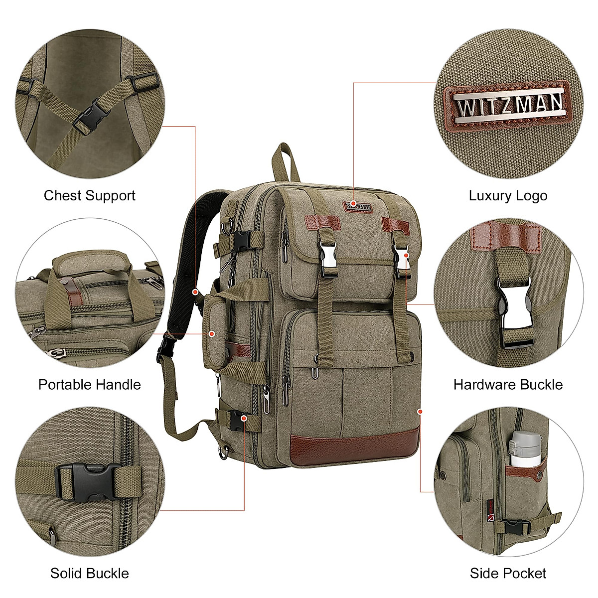 WITZMAN Canvas Backpack with USB Charging Port Large Travel Backpack Luggage Duffel Bag for Airplane Carry On Fit 17 inch Laptop for Men Women (6617 Brown)