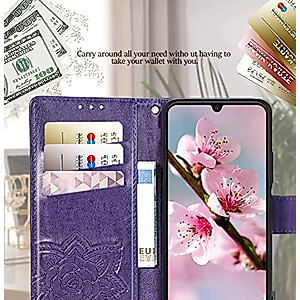Designed for Galaxy A14 5G Phone Case Wallet,Women Flip Folio Cover with Credit Card Holders Butterfly Embossed PU Leather Kickstand Wrist Strap Purse Case for Samsung A14 5G 6.6 inch (Purple)