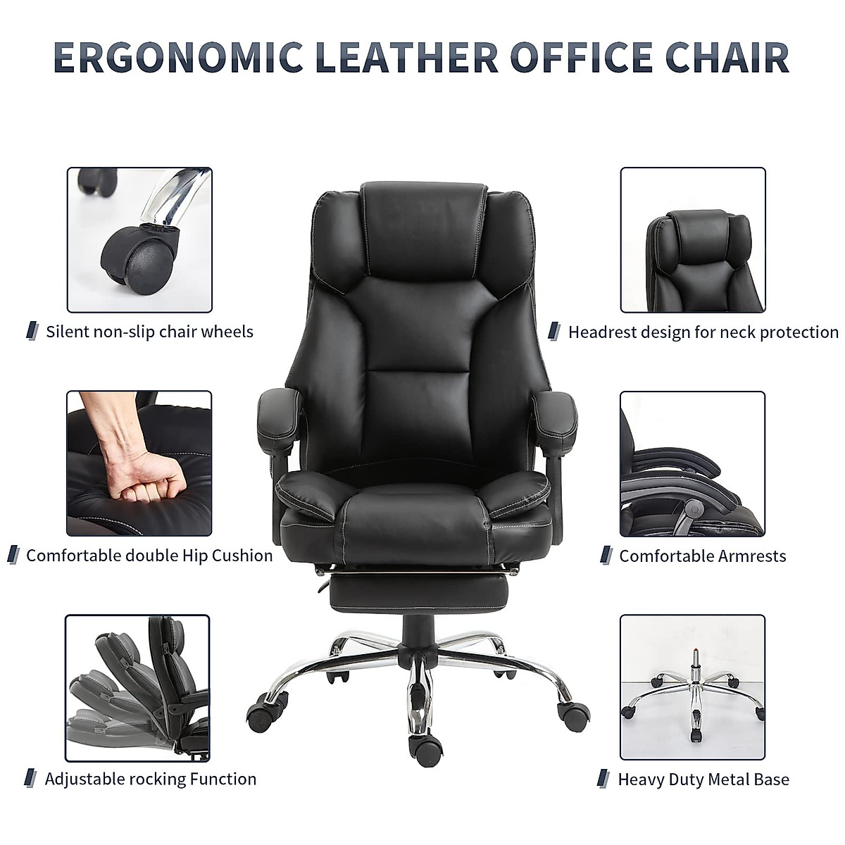 Executive Office Chair Task Chair, High Back Adjustable Reclining PU Leather Home Office Computer Swivel Desk Chair, Ergonomic Chair with Footrest Support(Black)