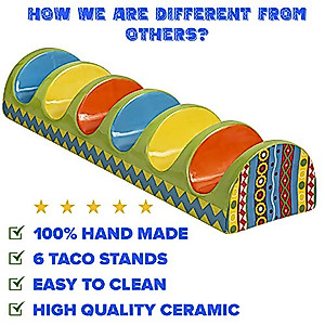 Ceramic Taco Holder Stand - Colorful Handmade Taco Stand with 6 Dividers - Taco Shell Holder for Soft or Hard Taco Shells for Taco Tuesday, 14 Inches Long by 4 Inches Wide