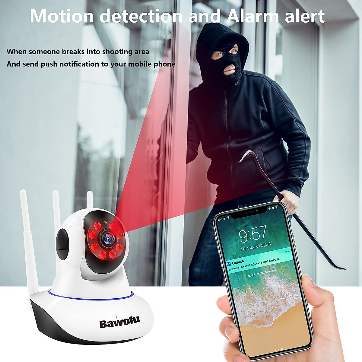 Bawofu IP Security Camera with 2 Way Audio 1080P Home Wireless Indoor, Support 2X Magnification & Free Motion Alerts Night Vision for Pet/Nanny Compatible SD Card up to 128G