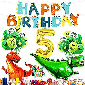 Happy 5th Birthday Balloons Set Dinosaur Themed Decoration – Dino Happy Birthday Banner and Cake Topper Party Supplies