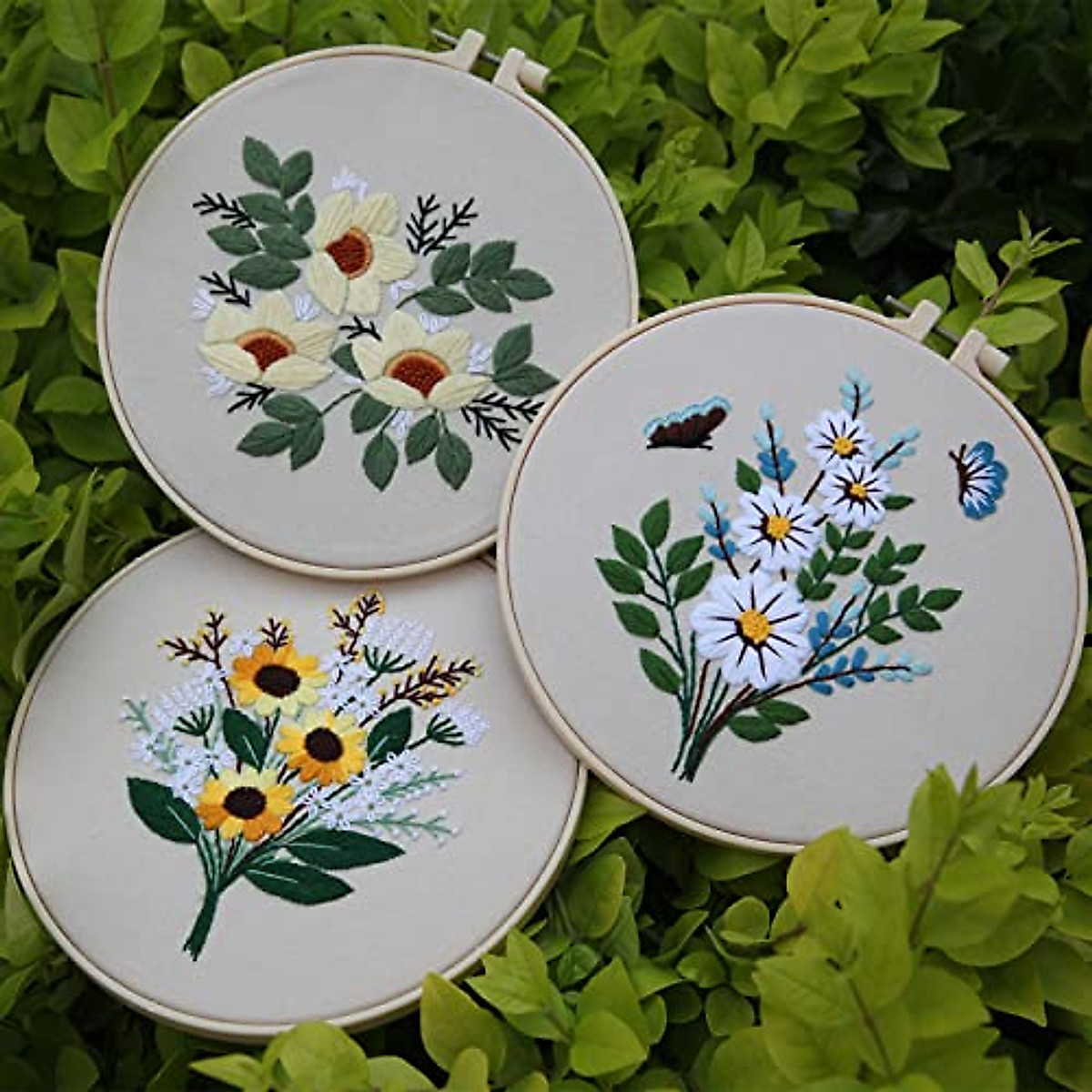 GLTAYLMY 3 Pack Embroidery Starters Kit with Pattern for Beginners,Cross Stitch Kits with 1 Plastic Embroidery Hoops,Needles and Color Threads,Needlepoint Kit for Adults