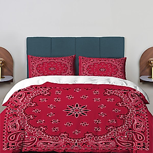 BaoNews Red Paisley Bandana Duvet Cover Set Full Size,3 Pieces Bandana with Red Paisley in The Middle Bedding Set Hotel Quality PolyesterComforter Cover Set with 2 Pillowcases(No Filler)