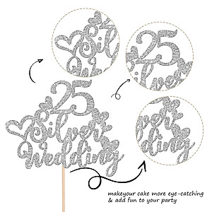 25 PCS 25th Anniversary Cupcake Toppers with 25 Silver Wedding Cake Topper Glitter Heart 25th Wedding Anniversary Cupcake Picks for Happy 25th Wedding Anniversary Party Cake Decorations Supplies