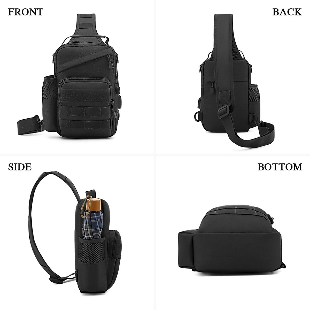 BAIGIO Small Tactical Sling Bag One Shoulder Chest Backpack Casual Daypack (Black with Top-handle)