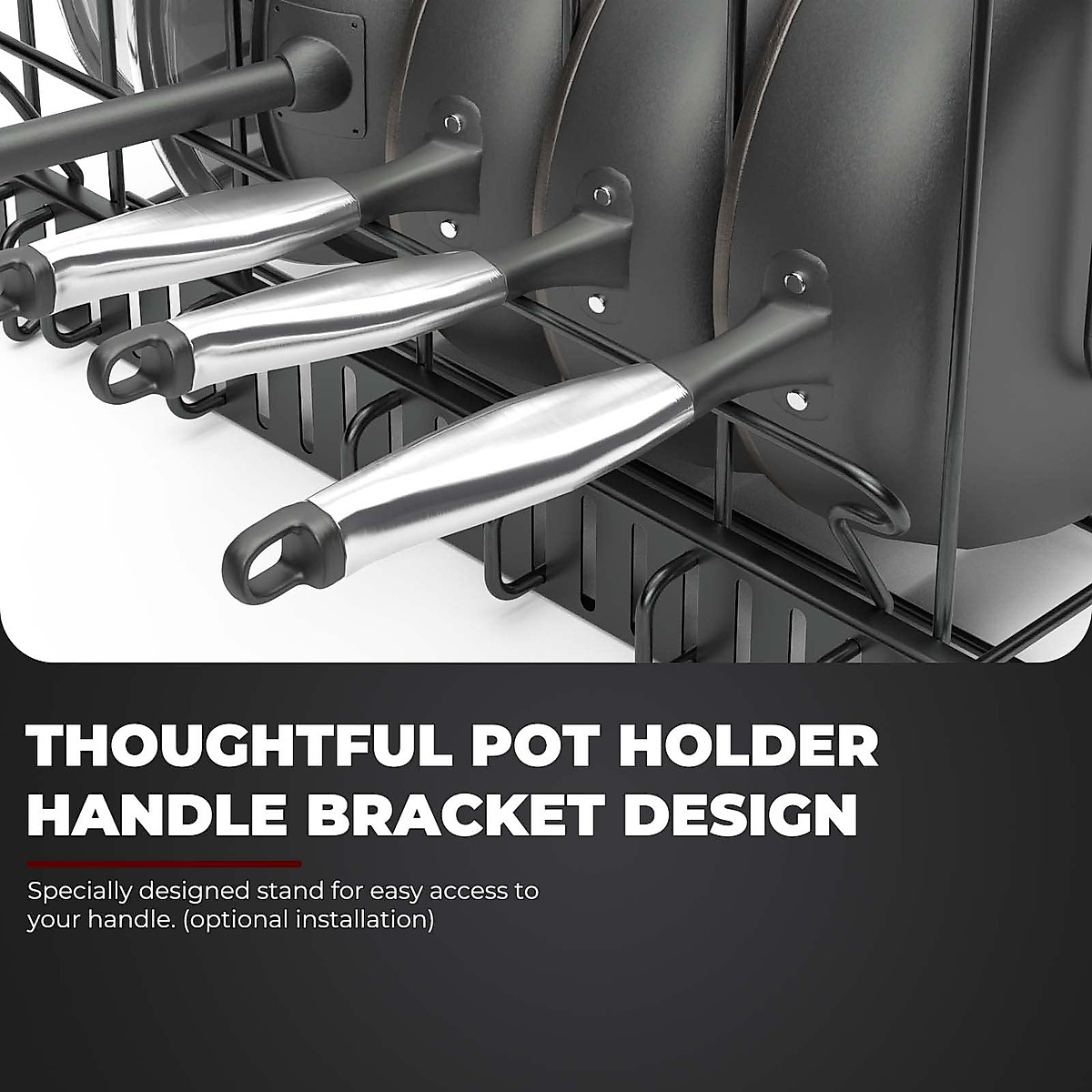 Vdomus Pan Organizer with Pot lid Holder Handle Bracket Design, Black Metal Kitchen Pot and pan organizer rack for cabinet or Counter, pot organizer with 7 adjustable dividers