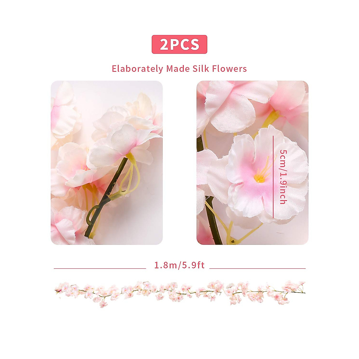 Omldggr 2 Pack Artificial Cherry Blossom Flowers Garland Hanging Vine Garland Flower Garland for Wedding Wreath Wedding Arches for Home Garden Party Outdoor Decor(Pink)