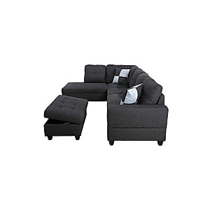 AYCP Fine Furniture Sectional Sofa Couch,L-Shaped Modern Style w/Storage Ottoman 3-Piece for Living Room|Linen Upholstery|(2) Toss Pillows(Left Hand Facing, Black)