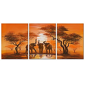 iHAPPYWALL Vintage African Elephant Canvas Wall Art African Forest Sunset Elephant Family Around Lake Landscape Painting Print On Canvas Framed and Stretched For Living Room Home Decor (12"x16"x3PCS)