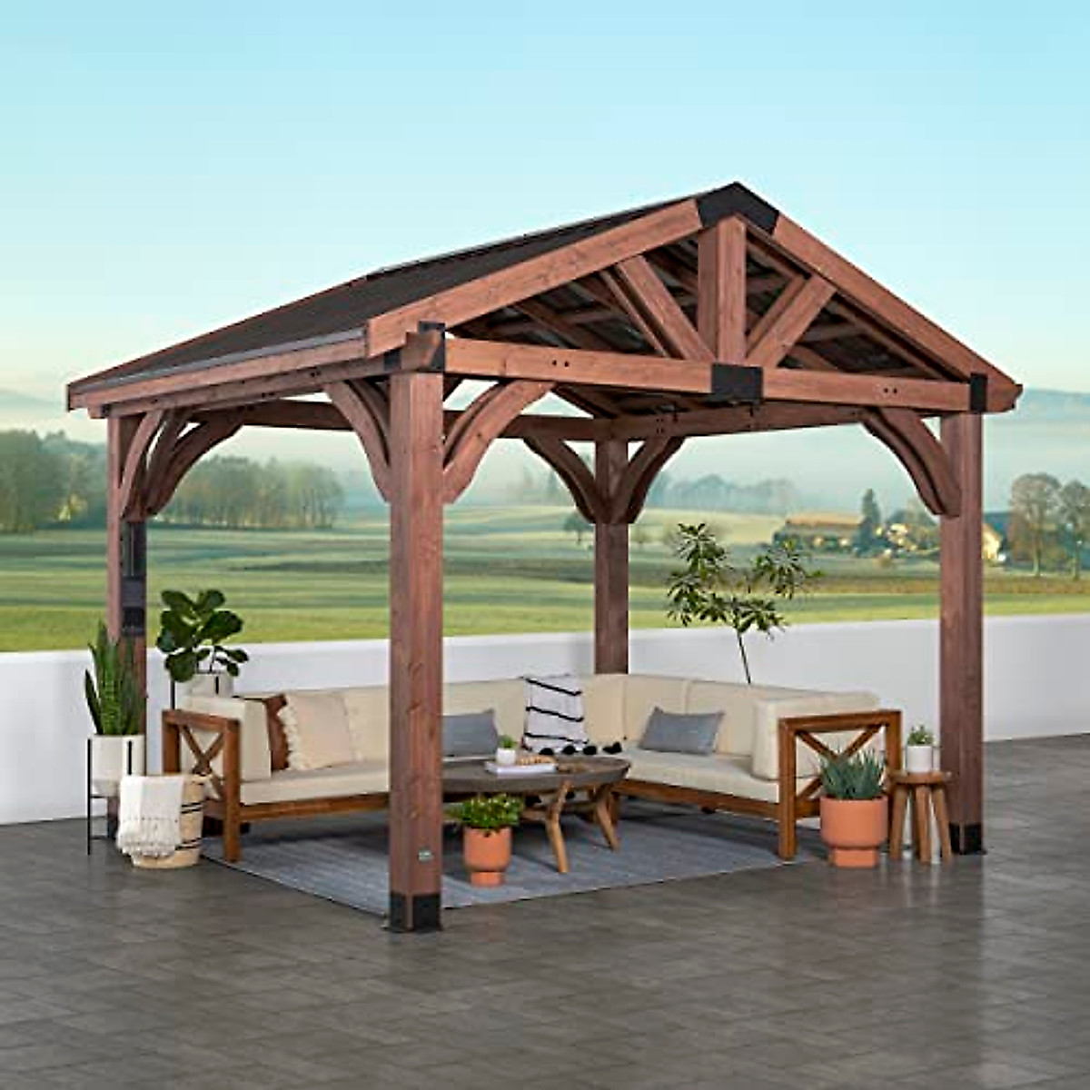 Backyard Discovery Arlington 12x10 All Cedar Gazebo, Walnut, Insulated Steel Roof, Water Resistant, Wind Resistant up to 100 MPH, Withstand 6,391 lbs of Snow
