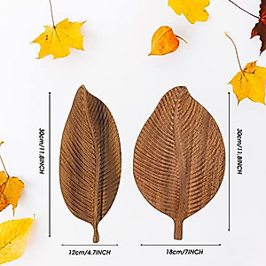 LAHONI Wooden Leaf Shaped Decorative Trays, Wood Serving Tray Rustic Storage Platter for Snacks, Dessert, Tea, Fruits, Breads, Food Display (4.7x11.8 Inch, Brown)
