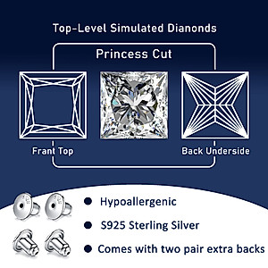 18K White Gold Plated Sterling Silver Princess Cut Cubic Zirconia Stud Earrings Square Simulated Diamond CZ Stud Earrings for Women Men Hypoallergenic (7MM, White Gold)