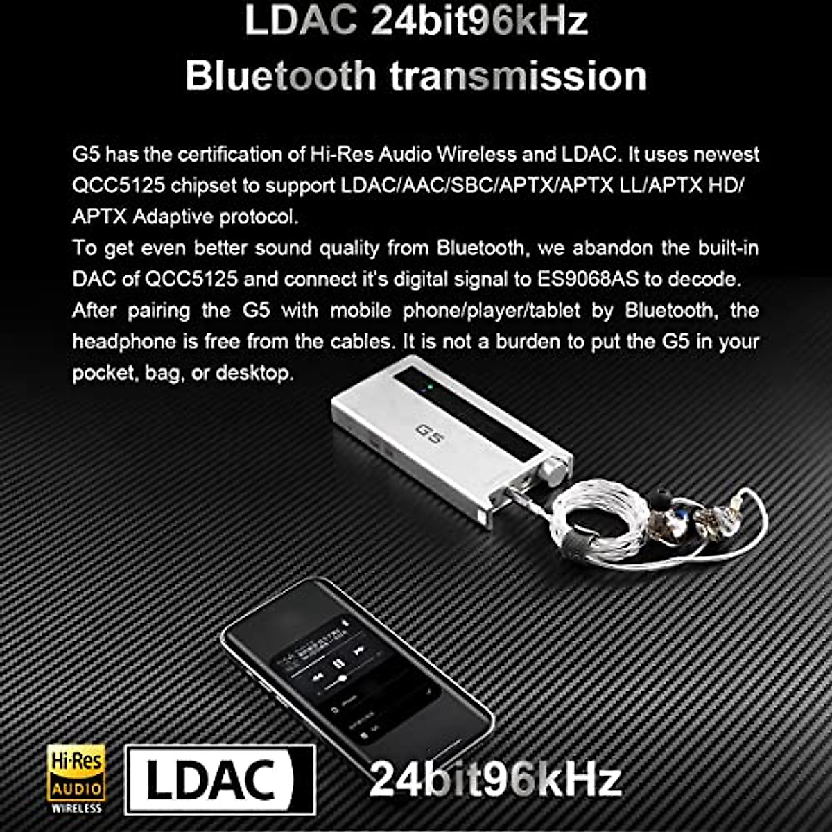 Topping G5 USB DAC, Portable LDAC Audio Built-in NFCA HPA Bluetooth Headphone AMP(Silver)