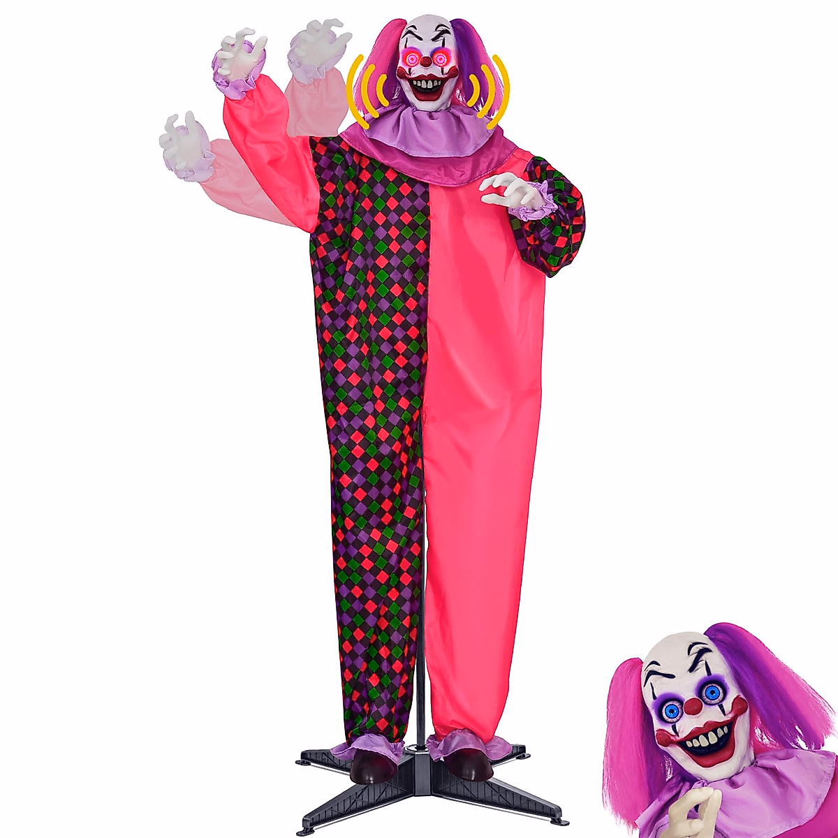 64" Halloween Clown Animatronics with Flashing Red Eyes & Moving Arm, Talking Life-Size Clown Halloween Decorations for Haunted House Outdoor Decorations (Touch and Sound Activated)