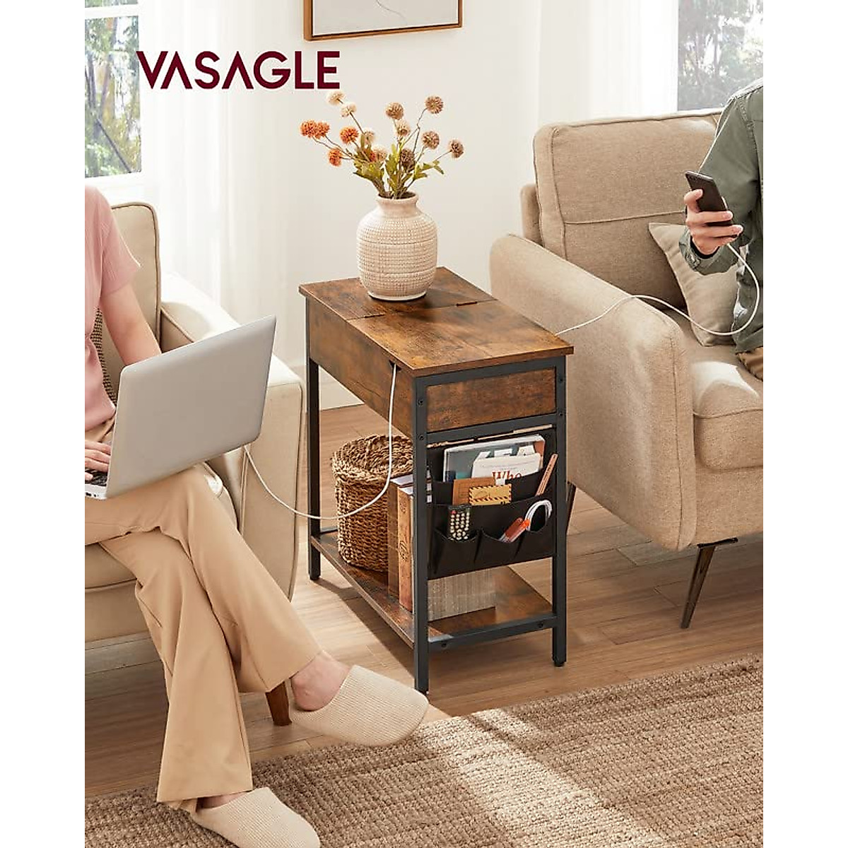 VASAGLE Side Table with Storage, End Table with USB Ports and Outlets, Nightstand with Charging Station, Fabric Bags, for Living Room, Bedroom, Rustic Brown and Black ULET310B01V1
