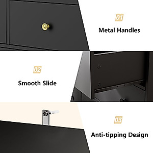 55'' Black Dresser for Bedroom, 7 Deep Drawer Large Wood Dresser with Gold Handles, Modern Wide Storage Dressers & Chests of Drawers for Entryway, Hallway