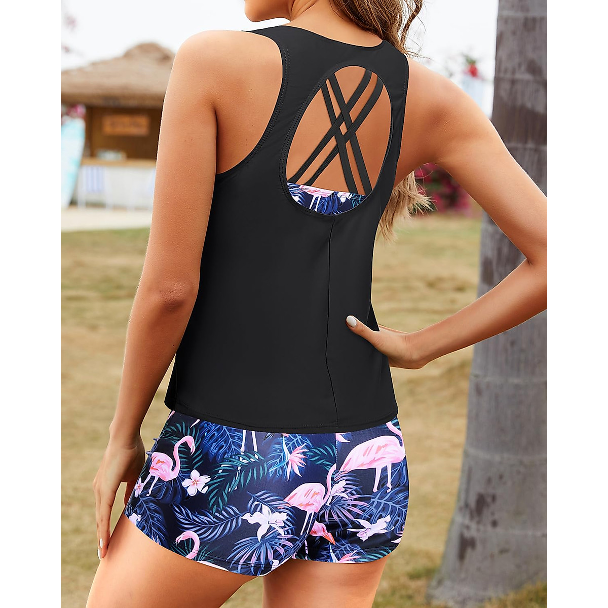 Yonique Tankini Swimsuits for Women 3 Piece Bathing Suits Swim Tank Top with Boy Shorts and Bra Modest Swimwear Black Flamingo L