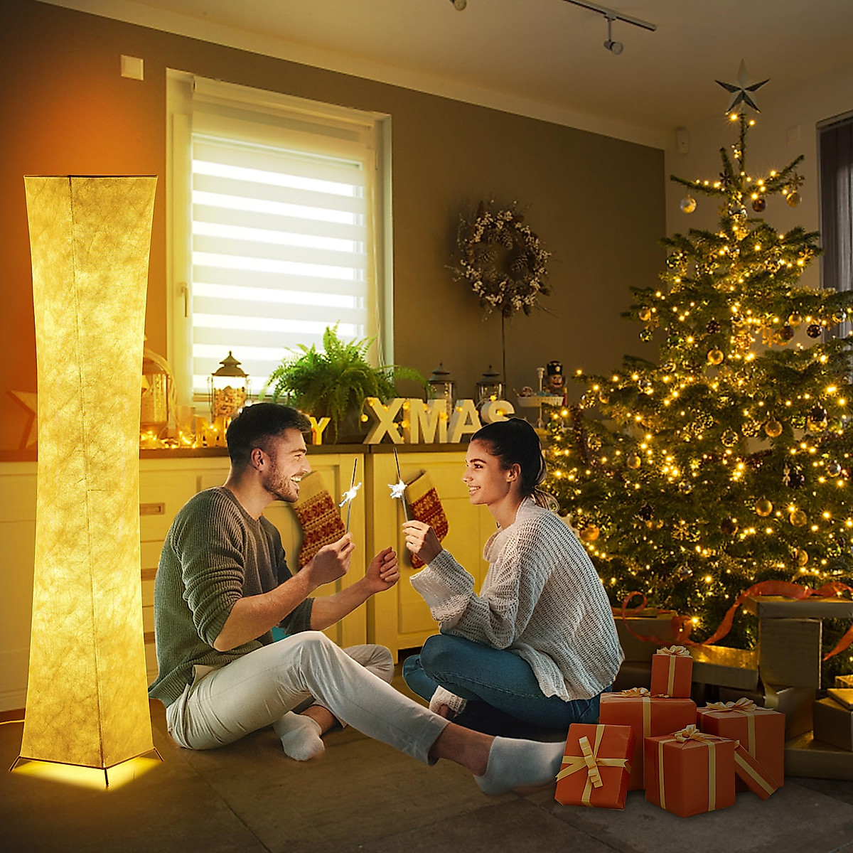 chiphy Floor Lamp, Dimmable 64" Tall Standing Lamp, 3 Levels Adjustable Brightness 12Wx2 LED Bulbs, Column Floor Light w/White Fabric Shade, Home Decor for Living Room, Bedroom, Kids Room