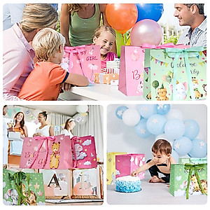 VGOODALL 13" Large Baby Girl Boy Gift Bags, Birthday Party Favor Bag with Tissue Paper Ribbon Greeting Card Pinkish Purple Baby Girl Boy Gift Bag for Gender Reveal Party Newborn 1st Birthday