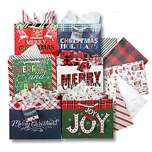 Iconikal Medium Gift Bags With Tissue Paper for Christmas 24-Pack Fun Bright Designs Merry Christmas, Joy, Holidays