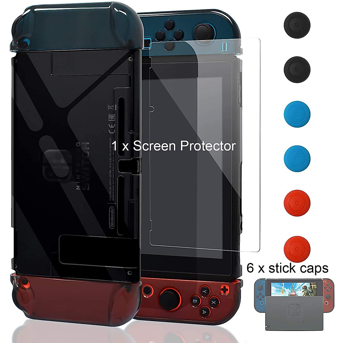 Dockable Case Compatible with Switch Console and Joy-Con Controller, Patterned ( Lizards, leaves, flowers and acorns on a black background ) Protective Case Cover with Tempered Glass Screen