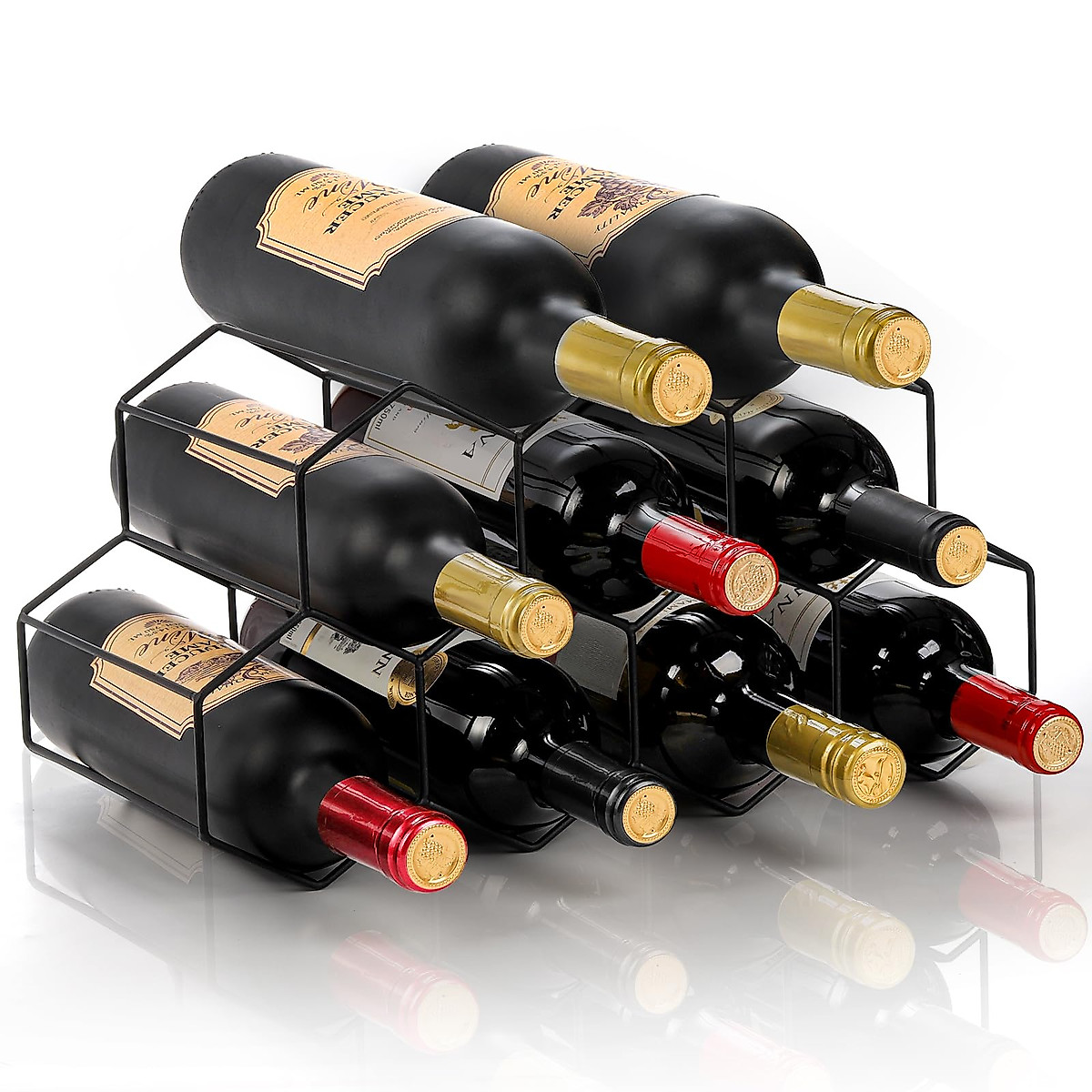 AVLA Metal Countertop Wine Rack, 9 Bottles Wine Holder for Wine Storage, Freestanding Modern Small Wine Bottle Storage, Geometric Design Tabletop Wine Rack Holder for Wine Cellar Bar Cabinet, Black