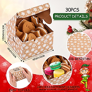 Tenare 30 Pieces Christmas Cookie Boxes with Clear Window Cupcake Boxes Bakery Boxes Pastry Packaging Boxes Brown Kraft Present Box with Rope for Food Present Giving, 4 x 4 x 2.5 Inches (Delicate)
