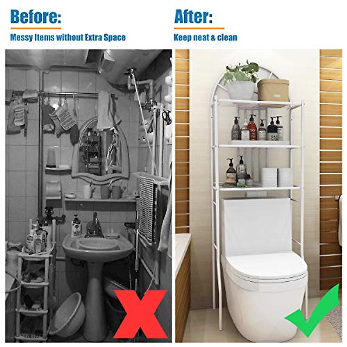 Tangkula Bathroom Space Saver, 3-Tier Over The Toilet Storage Rack, Bathroom Organizer with Metal Frame Shelf for Home Bathroom Laundry, 23.5 x 10.5 x 68 Inches, White