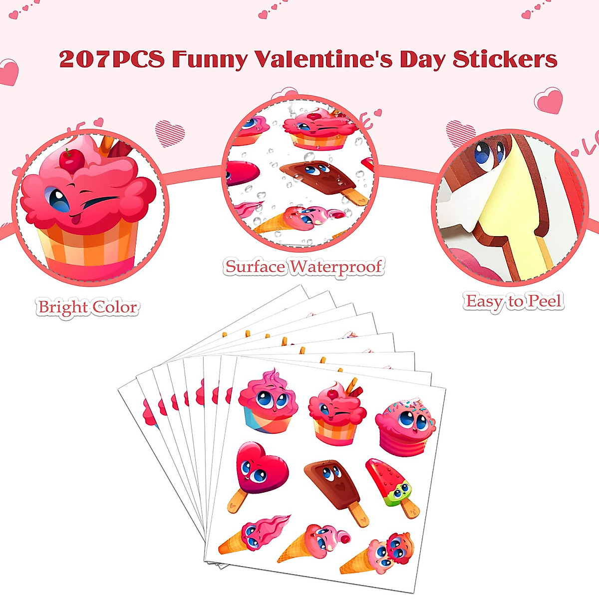 FaCraft 216PCS Valentine's Day Stickers for Kids,Sweet Cupcake Ice Cream Dessert Stickers Funny Valentines Day Labels Sticker for Envelopes Cards Scrapbooking Valentine's Decorations