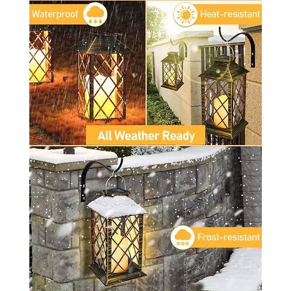 Fuairmee Solar Lanterns Outdoor Waterproof, Set of 2 Hanging Lantern with Brackets, 14 inch LED Flickering Flameless Candle Lights, Outdoor Lanterns for Front Porch Pathway Courtyard Party Patio