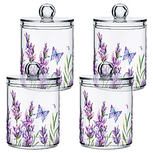 ALAZA Purple Toothbrush Holder 2 Pack Qtip Holder Dispenser for Cotton Ball Lavender Flower Purple Cotton Swab Round Pads Clear Plastic Acrylic Jar Set Bathroom Canister