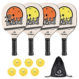 Wood Pickleball Paddles 4 Pack, Wooden Pickleball Set with 1 Carry Bag and 6 Balls, 7-ply Basswood, Pickleball Rackets with Ergonomic Cushion Grip, Pickleball Rackets, Yellow and Orange