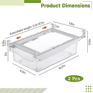 2 Pack Fridge Drawer Organizers - Adjustable Refrigerator Drawers for Fruit, Vegetable, Seafood, Transparent Pull-Out Shelf Holders, Fridge Storage Containers Fit Fridge Shelves Under 0.6''