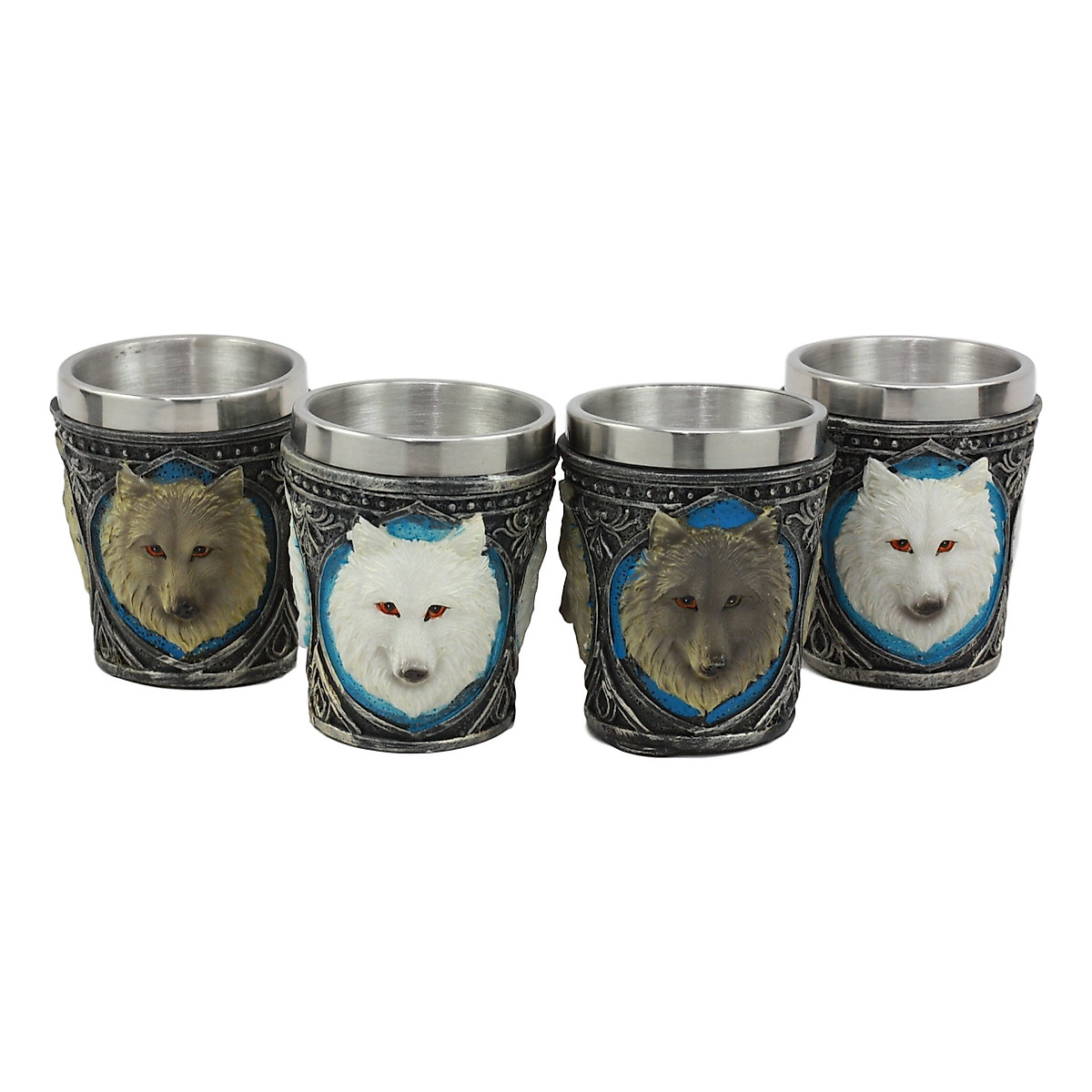 Ebros Myths Legends And Fantasy Spirit Themed 2-Ounce Shot Glasses Set Of 4 Resin Housing With Stainless Steel Liners Great Souvenir And Party Hosting Idea (Albino And Gray Wolf)