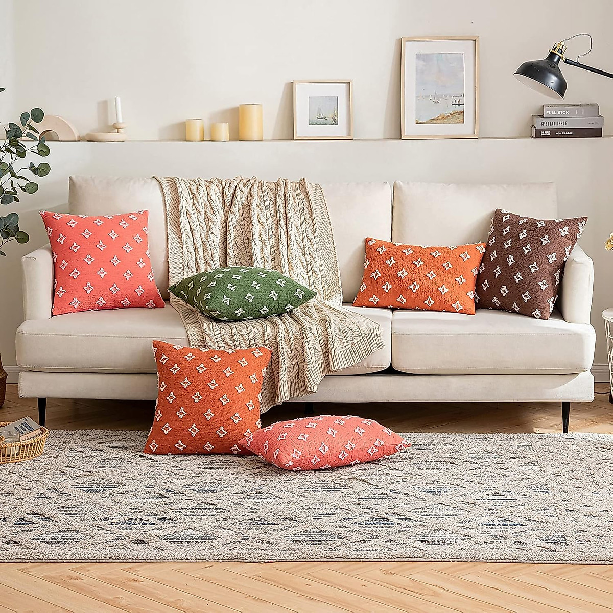 MIULEE Set of 2 Decorative Throw Pillow Covers Rhombic Jacquard Pillowcase Soft Square Cushion Case for Couch Sofa Bed Bedroom Living Room, 20x20 Inch, Burnt Orange