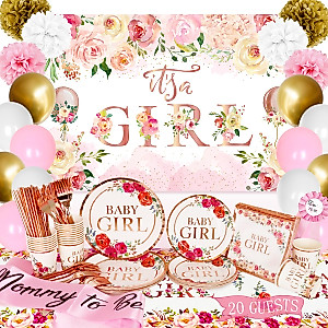 Baby Shower Decorations for Girl Pink and Rose Gold Floral Baby Shower Decor with It's A Girl Backdrop and Baby Girl Plates and Napkins for Sweet Baby Girl Shower Supplies Serves 20 Guests