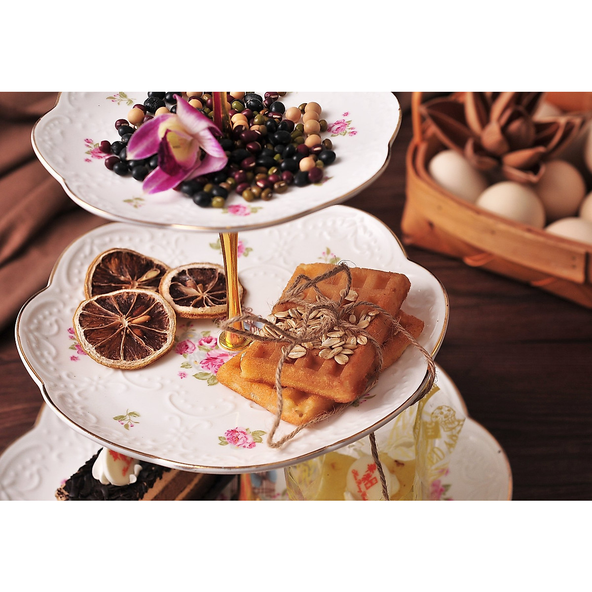 Jusalpha® Elegant Embossed 3-tier Ceramic Cake Stand- Cupcake Stand- Tea Party Pastry Serving Platter in Gift Box and a Free Sugar Tong (FL-Stand 03)