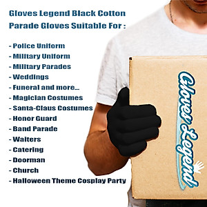1 Pair (2 Gloves) - Gloves Legend Black 100% Cotton Jewelry Coin Silver Parade Fashion Inspection Work Safety Gloves - Size Large